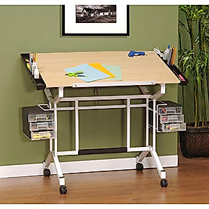 Studio Designs Pro Craft Station with Casters, Tilting Top, and Storage in White/Maple