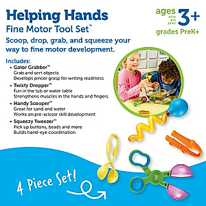 Learning Resources Helping Hands Fine Motor Tool Set Toy - 4 Pieces, Ages 3+ Fine Motor and Sensory Play Toys, Toddler Tweezers, Sensory Bin Toys