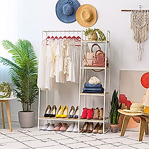 IRIS USA Clothing Rack, Clothes Rack with 4 Wood Shelves, Freestanding Clothing Rack, Easy to Assemble Garment Rack, Standing Metal Sturdy Clothing Rack, Small Space Storage Solution, White