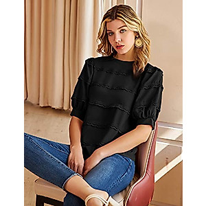 Women's Puff Sleeve Tops Lace Business Casual Work Blouse Plus Size Black XXL