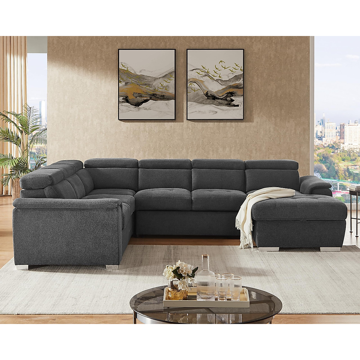 THSUPER 125'' U Shaped Sectional Sleeper Sofa with Pull Out Bed, Storage Chaise Lounge, and Adjustable Headrest, U Shaped Sectional Couches for Living Room - Dark Grey