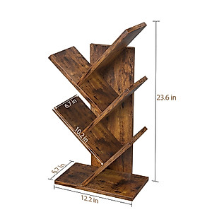 Topfurny Tree Bookshelf, 4-Tier Book Storage Organizer Shelves Floor Standing Bookcase, Wood Storage Rack for Office Home School Shelf Display for Cd/Magazine/Book - Rustic Brown