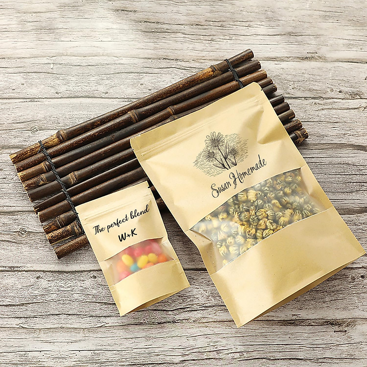 illuzoon Personalized White kraft Stand Up Pouch Bags with Matte Window,Zip Lock Resealable Bags,Reusable Packaging Bags for Small Business & Home Use-50pcs (Kraft)