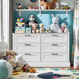 biukpci White 6 Drawer Dresser for Bedroom, Modern Chest of Drawers with Deep Drawers, Wood Double Dresser for Storage Clothes