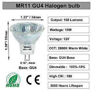 Vinaco GU4 Bulb 10W 12V, 6 Pack GU4 Base MR11 Halogen Bulb with Glass Cover, GU4 Bulb Dimmable, Fiber Optic Light Bulb 2800K Warm White, MR11 12V 10W for Accent, Track Lighting