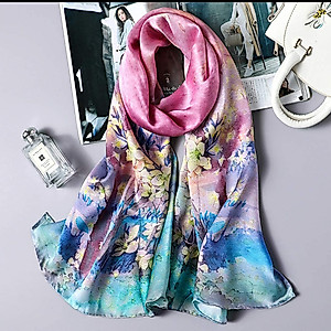 ANDANTINO 100% Mulberry Silk Long Scarf for Women Large Shawls for Headscarf and Neck- Oblong Hair Wraps with Gift Packed (Pink&Yellow Blossoms)