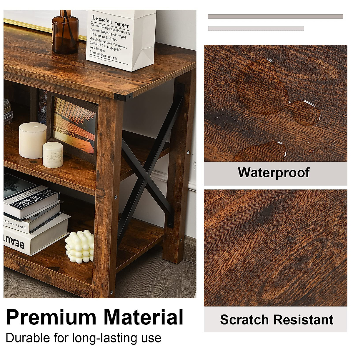 Tangkula Wood TV Stand with Open Shelves and X-Shaped Frame, 3 Tier Entertainment Center for 55-Inch TV, Farmhouse TV Console Table, Open TV Stands for Living Room Bedroom (Brown)