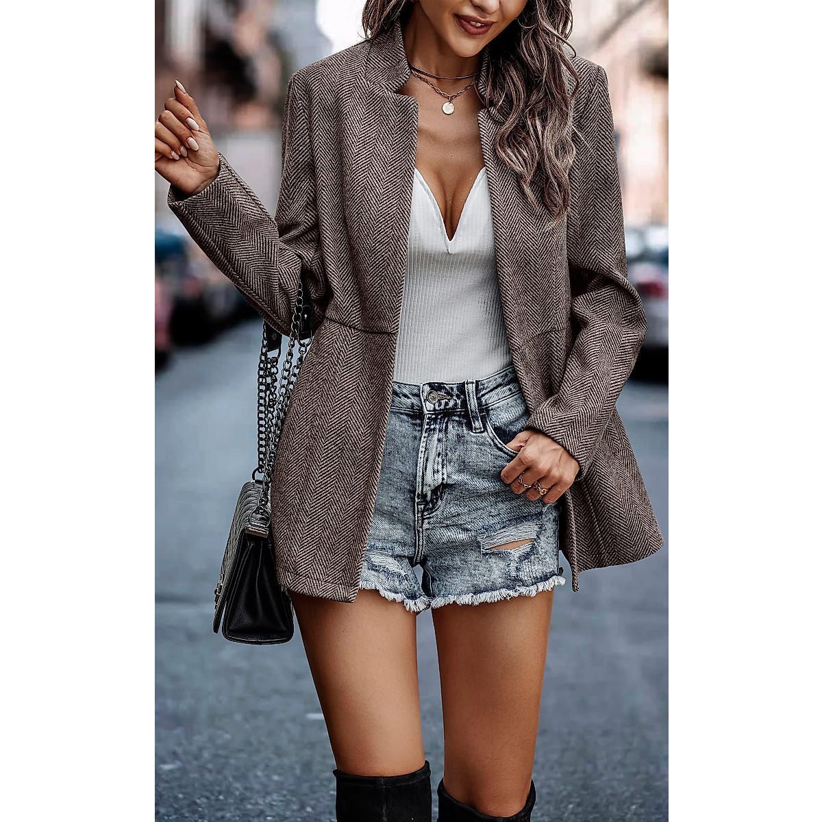 CCTOO Women's Coat Casual Open Front Blazer Long Sleeve Stand Collar Solid Trench Business Work Office Jacket Outwear Coffee X-Small