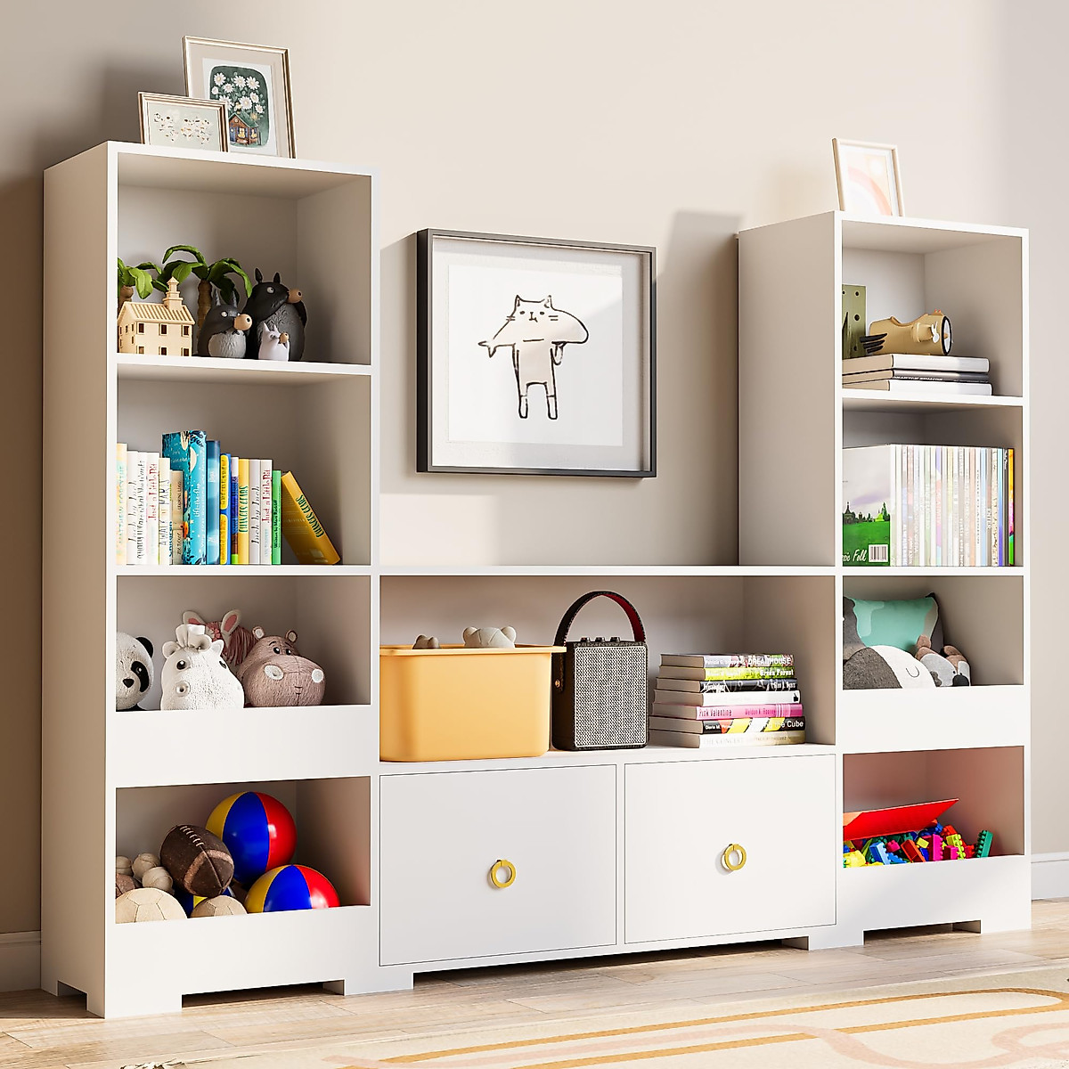 Cozy Castle 4 Tier Book Shelf, 9 Cube Storage Organizer Bookshelf with Drawers, Toy Storage Organizer, Horizontal Bookcase for Living Room, Playroom, White