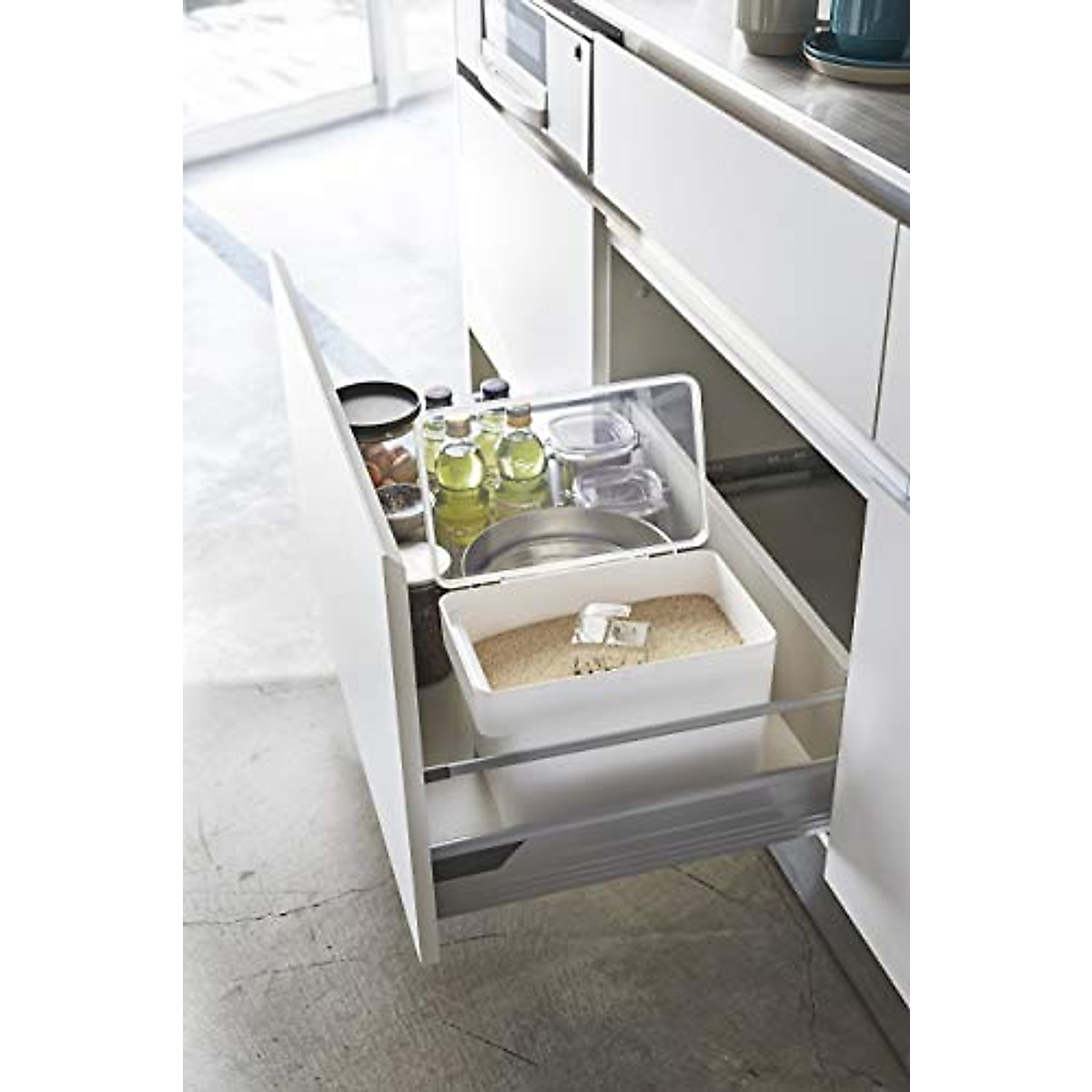 YAMAZAKI home Tower Rice Storage with Scoop Cut-Out(Includes Measuring Cup) WH Space saving, One Size, White