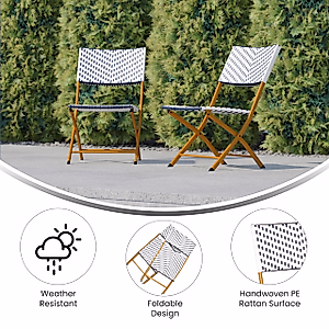 EMMA + OLIVER Ciel Two Piece Folding Bistro Chairs - Navy and White PE Rattan - Natural Finish Metal Frames - Indoor/Outdoor Use