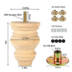 Michanco 4 Inch Unfinished Bun Feet for Couch Sofa Cabinet Ottoman DIY Replacement Wood Furniture Legs Set of 4 M8 Bolt Screw in