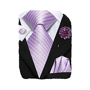 Hi-Tie Men's Wedding Tie Set And Pocket Square Jacquard Woven Silk Necktie Cufflinks With Lapel Pin For Party Prom,Lavender