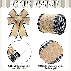 6 Rolls Wired Edge Ribbons 2.5 Inches x 24 Yards Burlap Ribbon Black and White Fabric Ribbons Plaid Stripe Craft Wired Ribbon Christmas Tree Ribbon for Farmhouse Holiday Wreath Home Decor