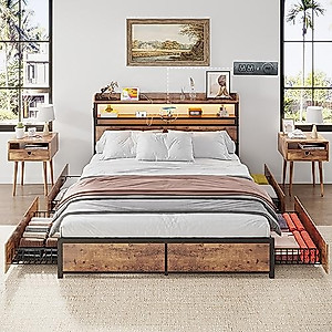 Gyfimoie Queen Bed Frame with 4 Storage Drawers, LED Bed Frame with Wireless Charging & Outlets & USB & Type-C Port, Metal Platform Bed Frame with 2-Tier Storage Headboard, No Box Spring Needed(Queen)