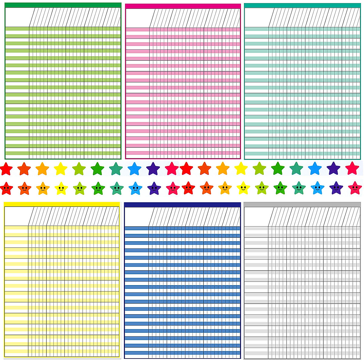 Youngever 6 Pack Multi-Color Laminated Dry Erase Incentive Chart with 120 Reward Star Stickers for Chore Responsibility, School Attendance, Homework Progress Tracking Chart (17 Inch x 22 Inch)
