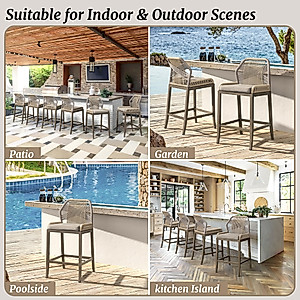 Cozyman Rattan Counter Height Bar Stools Set of 4, 27.5" H Boho Woven Rope Back Outdoor Barstools with Aluminum Legs for Kitchen Patio Garden, Yellowish Slate Grey