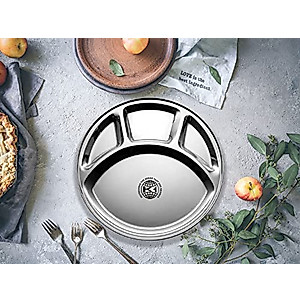 King International Stainless Steel Plates, Divided Indian Dinner Plate,Four Section Round Plates Set Of 4, 12'', Section Control Plate, Kids Plate, Indian Thali Plate