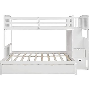 STP-Y Twin Over Full/Twin Stairway Bunk Bed with Storage Shelves and Drawers Wood Convertible Bottom Bed Bedroom Furniture for Adults, No Spring Box Needed,White (Color : White)