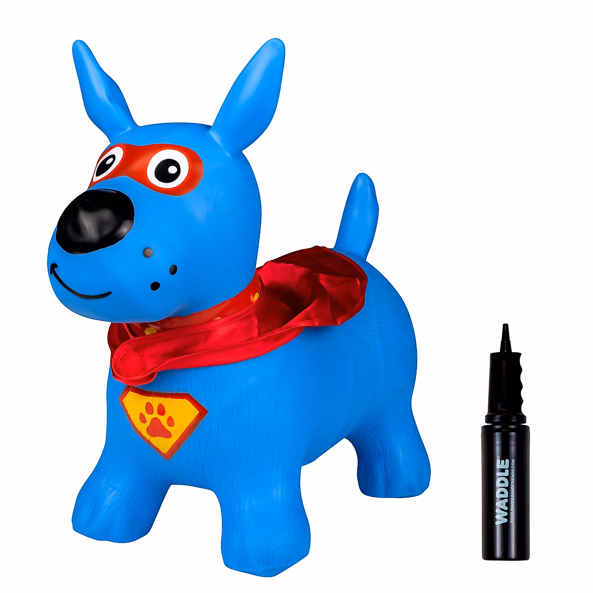 WADDLE Bouncy Hopper Inflatable Hopping Animal, Indoors and Outdoors Toy for Toddlers and Kids, Pump Included, Boys and Girls Ages 2 Years and U (Blue Super Hero Dog)
