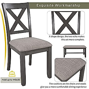 XD Designs 6-Piece Dining Room Table Set, Rustic Farmhouse Dining Room Foldable Table with 4 Upholstered Chairs & Bench, Solid Wood Kitchen Dining Room Set for 4-6 Persons (Gray 60in)