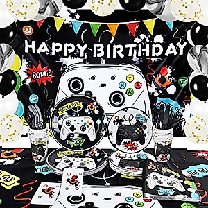 Watercolor Video Game Birthday Party Supplies - Game Theme Party Decorations for Boys Birthday Backdrop Balloons Plates Cups Napkins Tablecloth Cutlery Bags Tableware Set Serves 16 Guests 152 PCS