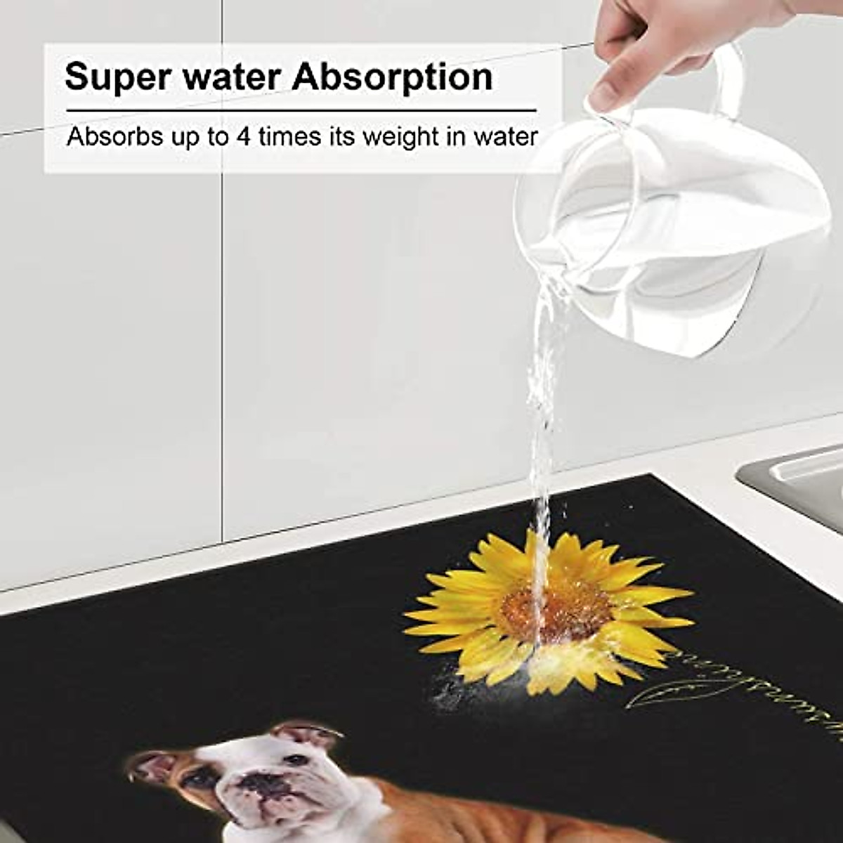 Funny Dog with Sunflower Printed Drying Mat For Kitchen Ultra Absorbent Microfiber Dishes Drainer Mats Non-Slip Silicone Quick Dry Pad - 18 X 16inch