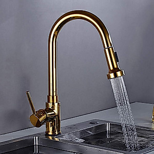 Extendable Kitchen Faucet Gold Faucet Kitchen with Pull-Out Spray Shower Sink Mixer Single Lever Mixer Tap Sink Mixer 360°°Swivel Made of Brass