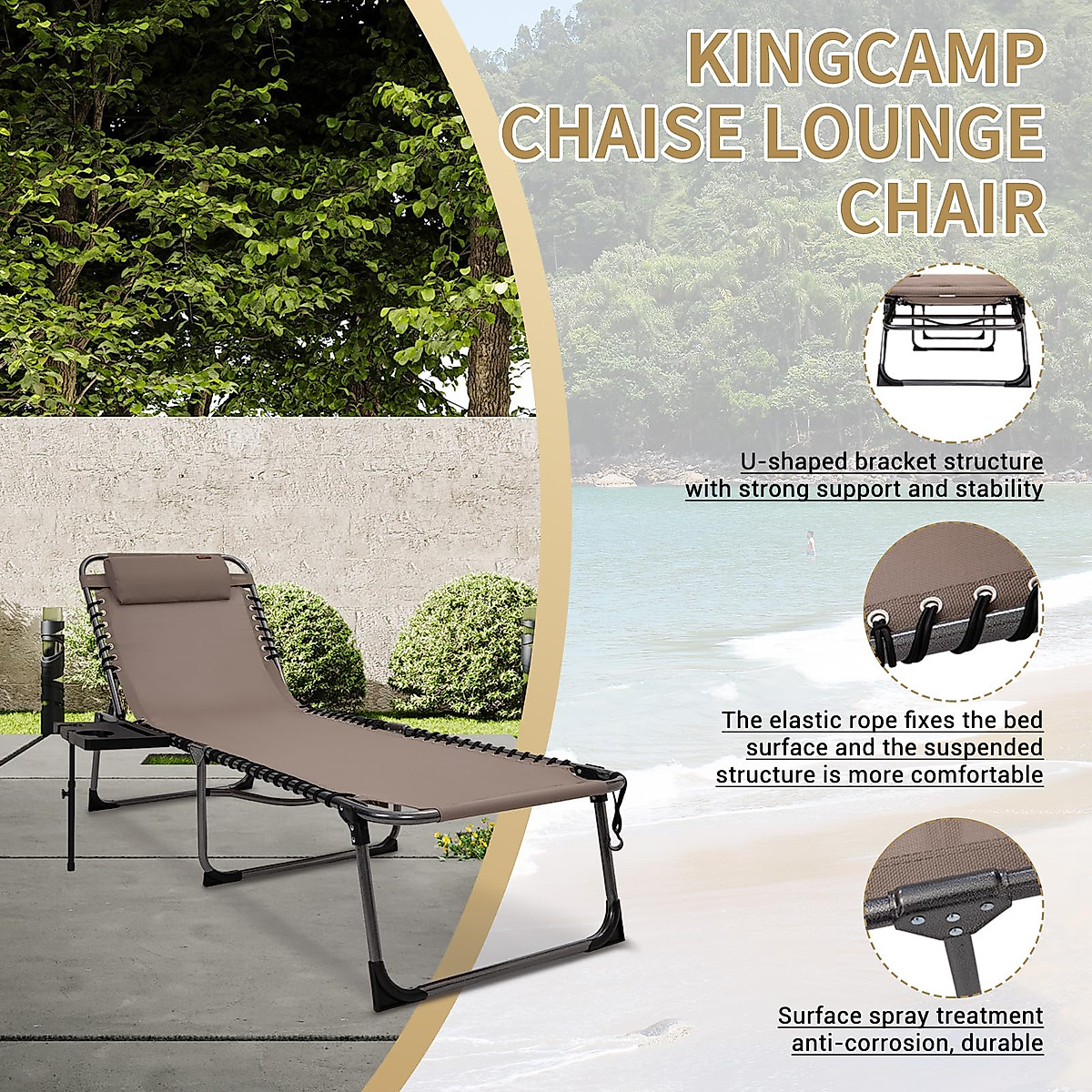 KingCamp Chaise Lounge Outdoor Adjustable Textilene Waterproof Patio Lounge Chair with Side Table Portable Camping Reclining Chair with Pillow (1 Pack, Beige)