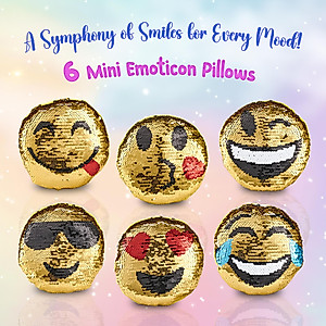 Flip Sequin Round Emoticon Mini Pillows, 5" - 5.5", Set of 6 Emotic Expressions Designs, Reversible Mermaid Sequins, Plus Emoticon Pencil and Emoticon Memo Notebook, Great Gift!