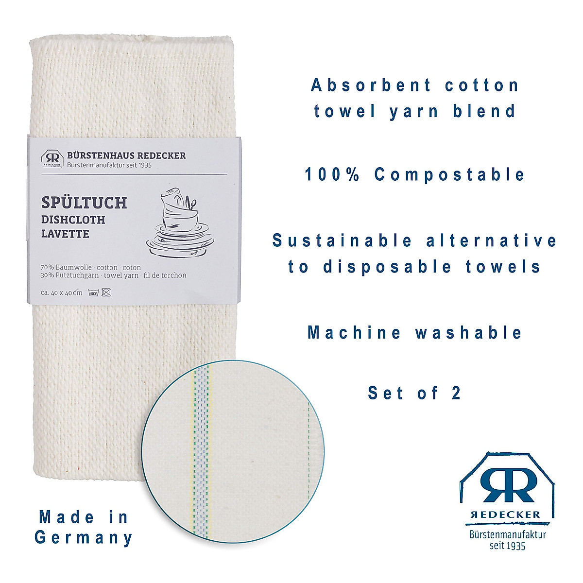 REDECKER Natural Dish Cloth, Set of 2, Machine Washable, Compostable, Made in Germany