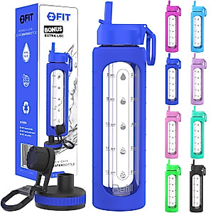 FIT Strong & Healthy 32 oz Glass Water Bottle with Time Marker & Silicone Sleeve - w/Handle & 2 Leakproof Lids Straw & Spout Lid, Wide Mouth, BPA Free 1 Liter Motivational Drinking Bottle, Royal Blue