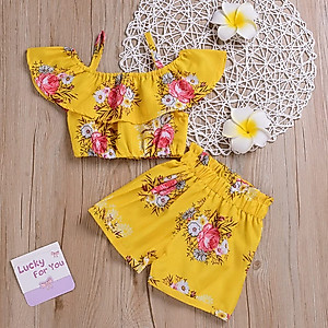 BOEBNOZCV Toddler Baby Girl Floral Halter Ruffled Outfits Set Yellow Strap Crop Tops+ Shorts Pants Summer Clothes Set