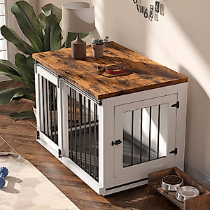 Zakkart Dog Crate Furniture for Large Dogs Up to 60 lbs. - Barn Door Puppy Kennel w/Thickened Farmhouse Top & Metal Bars - 37'' Wide - White Decorative Modern Dog Crate Table, End Table, Nightstand