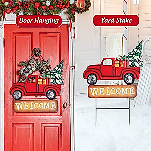 Whaline 4th of July Metal Yard Stakes Patriotic Yard Sign Spring Welcome Garden Stake Interchangeable Red Truck Garden Decor Set with Seasonal Sign Loads for Spring Fall Halloween Christmas, Set of 9