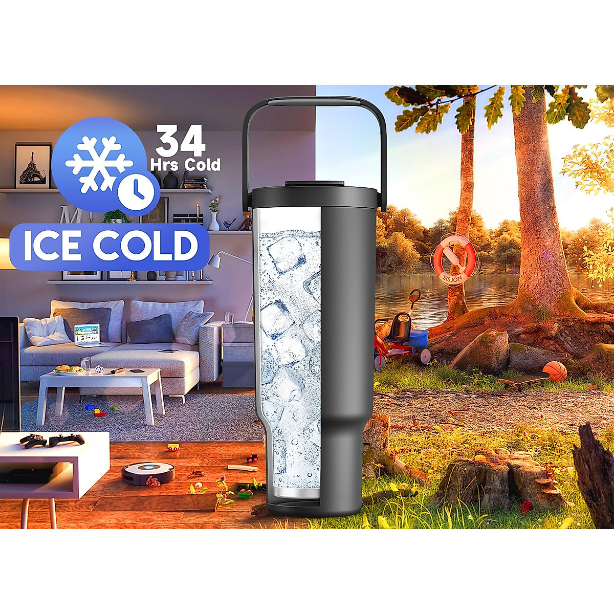 Meoky 40 oz Tumbler with Handle and Straw, Insulated Water Bottle, Stainless Steel Travel Mug, Keeps Cold for 34 Hours, 100% Leak Proof, Fits in Car Cup Holder (Night)