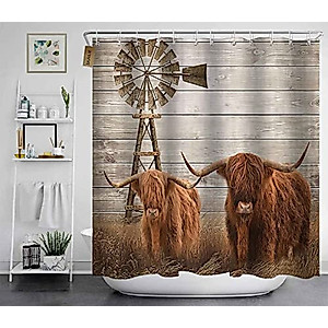 SKAILIÉ 4PCS Funny Highland Cow Shower Curtain Set, Farm Windmill Brown Cattle Bull Longhorn Wildlife Animal Western Country Rustic Farmhouse Bathroom Decor, Fabric Shower Curtain, Non-Slip Bath Mat