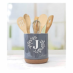 MRC Wood Products Personalized Ceramic Kitchen Utensil Holder - Engraved with Your Monogram and Custom Text (utensils not included) (Gray)