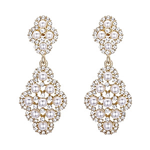 BriLove Wedding Bridal Clip On Earrings for Women Rhombus Crystal Simulated Pearl Hollow Chandelier Dangle Earrings Clear Gold-Toned