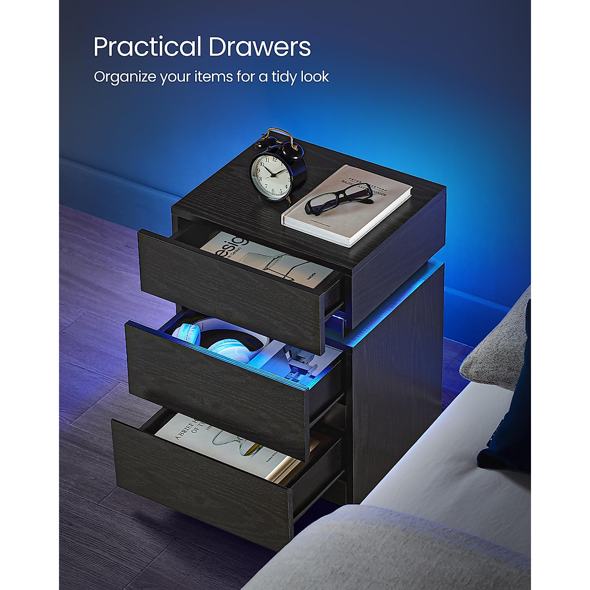 VASAGLE Nightstands with LED Lights, Set of 2, Adjustable Light Colors, Bedside Tables, Side Tables with 3 Drawers, Modern Style, 13.8 x 15.7 x 21.7 Inches, Ebony Black ULET799T58