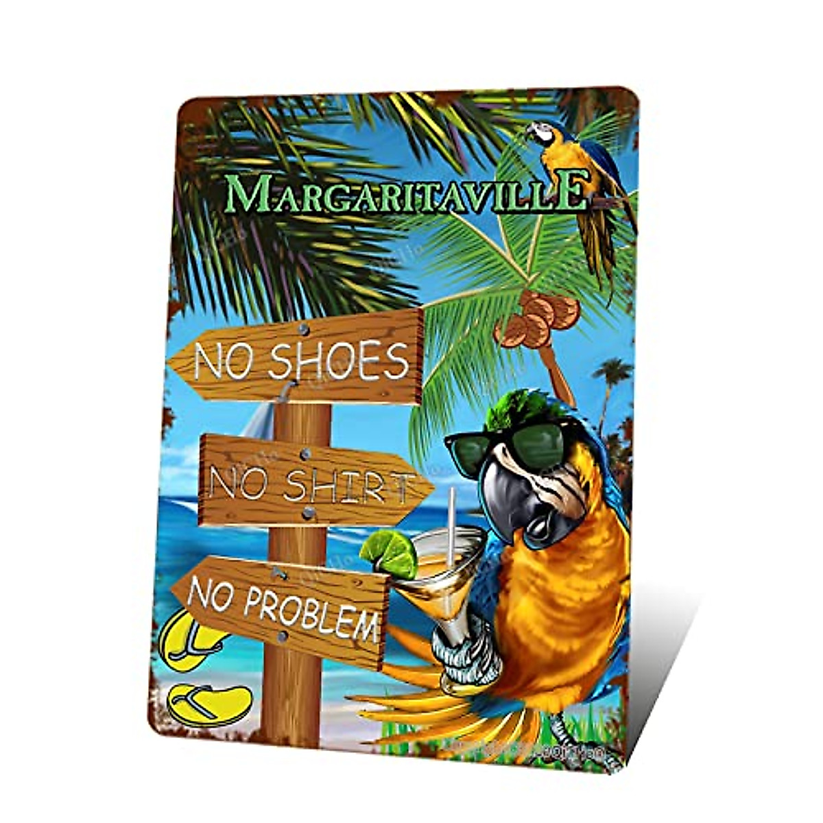 QiCHo Tiki Bar Sign, Margaritaville Wall Art, Retro Outdoor Wall Sign for Home Bar, No Shoes No Problem Design, 12x8 Inches Metal Sign, Tropical Colors