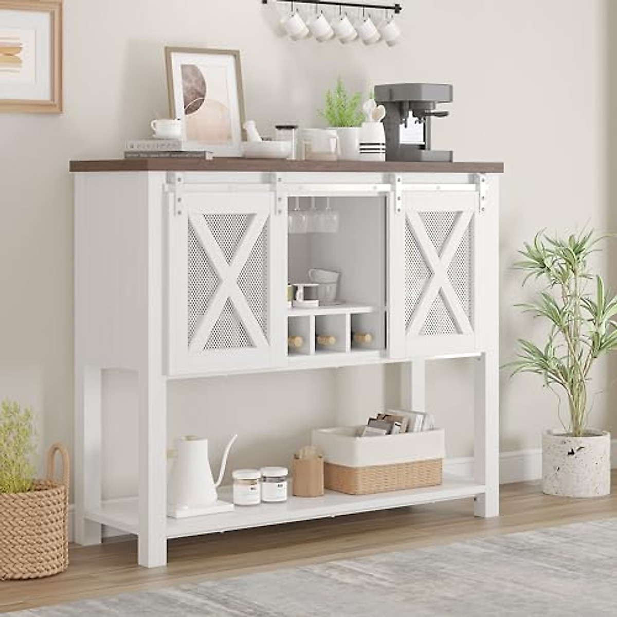IDEALHOUSE Coffee Bar Cabinet, Sideboard Buffet Storage Cabinet with Storage, Farmhouse Wine Bar Cabinet with Wine Glass Rack, Liquor Cabinet Bar for Home, Kitchen, Dining, Living Room, White