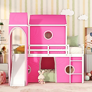 Bellemave Low Full Loft Bed with Slide and Curtains, Full Over Full Floor Bunk Bed with House Shape Tent and Tower, Wood Castle Style Loft Beds for Kids Boys Girls, Pink