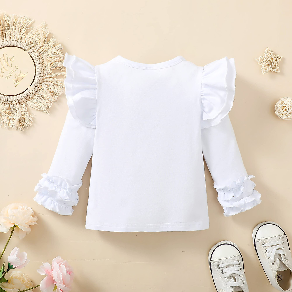 Toddler Baby Girl Solid Color T-Shirt Kids Blouse Plain Ruffle Sleeve Top Cotton Casual Clothes (033B-White, 4-5 Years)