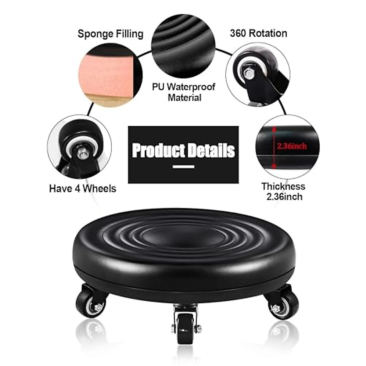 Lanstics Low Roller Seat Short Stools with Wheel Chair PU Leather Rolling Stool Seats Universal Wheels for Home Office Fitness Round Roller Seat Stool (Black)