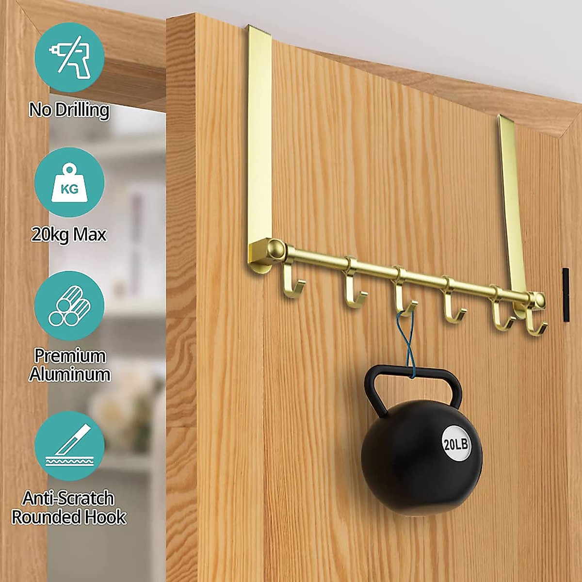 MGahyi Over The Door Hooks Hanger, Moving 6-Hooks,Over Door Towel Rack,Door Coat Hanger, Upgraded Long Arms for Bathroom Accessories (Gold)