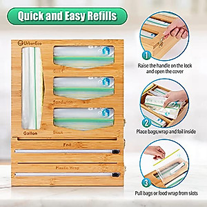 UrbanEco Ziplock Bag Organizer Foil and Plastic Wrap Organizer with Cutter, 6-in-1 Multifunction Kitchen food bag storage Box for Drawer or Wall mount with Aluminum Foil Dispenser - Compatible with Gallon Quart Sandwich & Snack Bag - Foil Dispenser Fits T