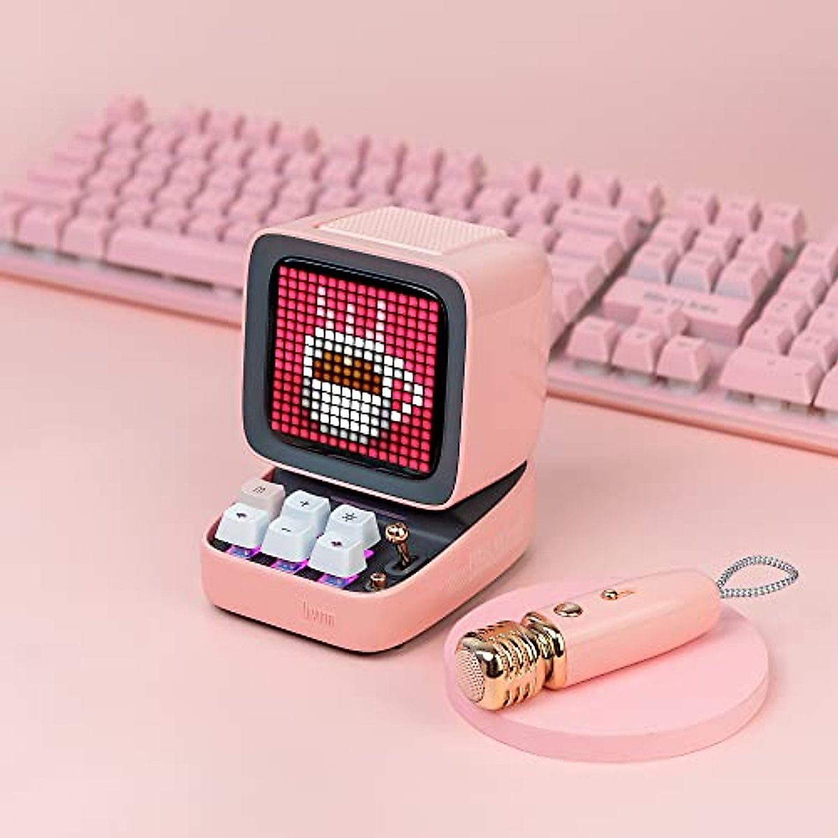 Divoom Ditoo-Mic Bluetooth Speaker with Karaoke Microphone - RGB Keyboard and Pixel Display Desktop Decor, Different Sound Modes, Ideal Gifts for Home Party, Mobile KTV (Pink)