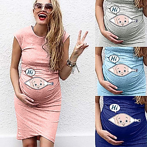 Lethez Women Maternity Bodycon Dress Sleeveless Pregnancy T-Shirt Dress Cartoon Letter Print Mini Dress (XL, Sky Blue)