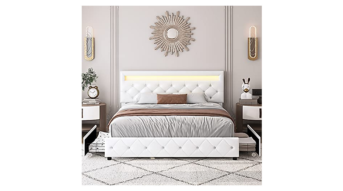 Keyluv Full Size Upholstered LED Bed Frame with Storage & Headboard